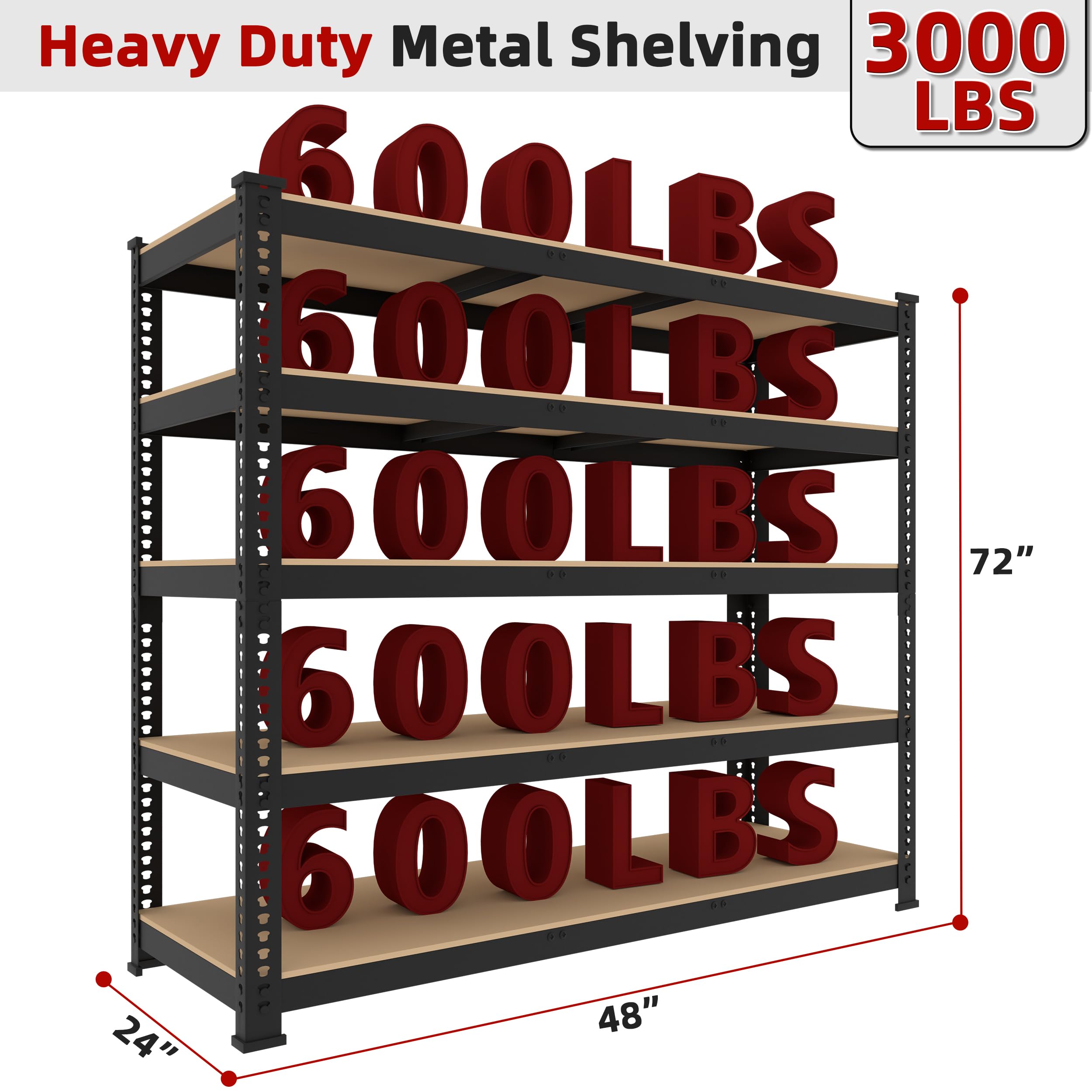 BuxWellBang 48" W x 24" D x 72" H Adjustable Garage Storage Shelves - 5-Shelf Heavy Duty Shelving Unit, Metal Utility Storage Organizer Racks for Warehouse Pantry Closet Kitchen, Black