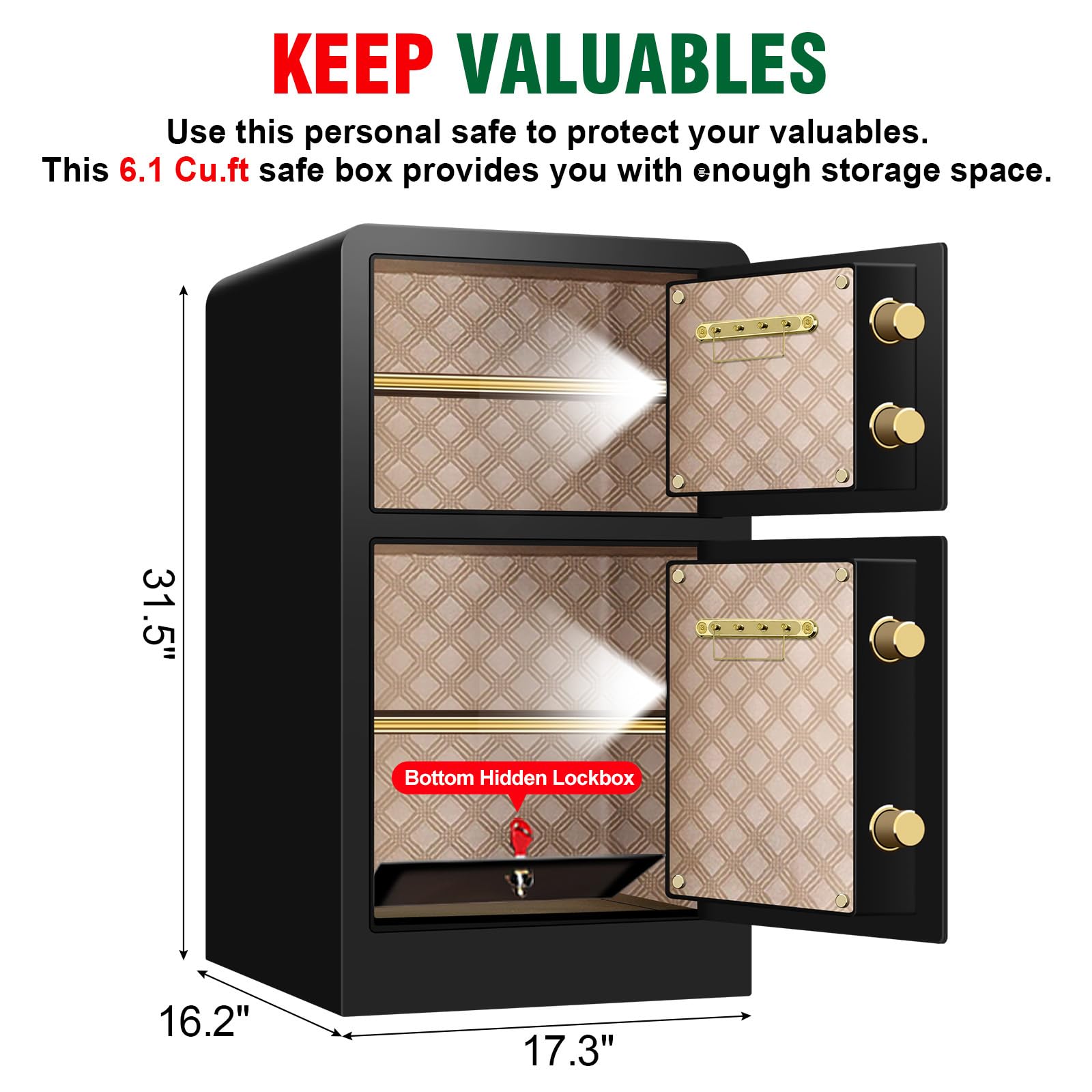 6.1 Cu ft Extra Large Home Safe Fireproof Waterproof, Anti-Theft Digital Home Security Safe Box With Hidden Compartment, Double Safes, Separate Lock Box and Led Light(31.1" x 17.0" x 15.9")