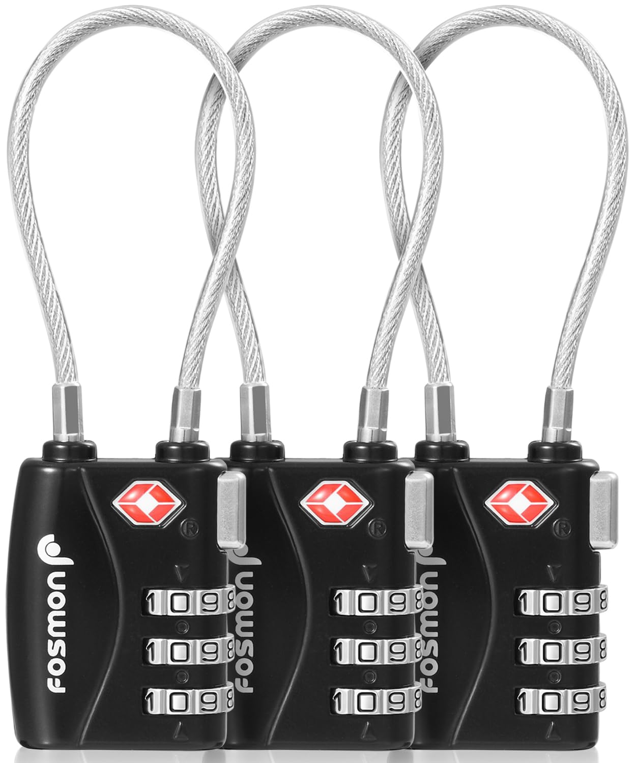 Fosmon TSA Approved Cable Locks for Luggage, Suitcase, Gun Case Locks with Push Release Button, 3 Digit Long Shackle Combination Wire Locks for Backpack Zipper Anti Theft, Gym Locker -3 Pack, Black