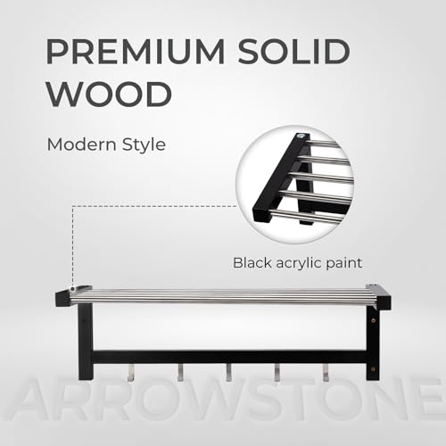 ARROWSTONE Coat Rack with Shelf Solid Acacia Wood, 31" Entryway Wall Mounted Shelf, Stainless Steel Coat Hooks, 5 Hooks for Clothes, Key Holders, Hats, for Bedroom, Living Room, Bathroom