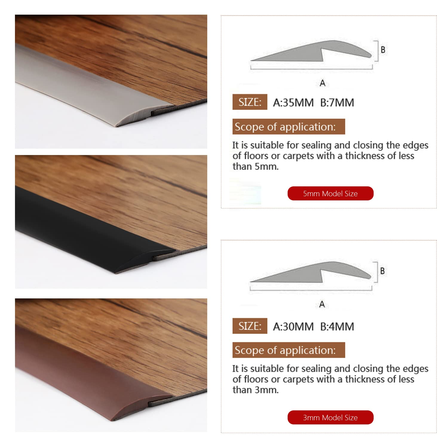6.56 FT PVC Carpet & Floor Edging Trim Strip-Threshold Transition Strips-Self Adhesive-Suitable for Threshold Transitions with a Height Less Than 5 mm Brown