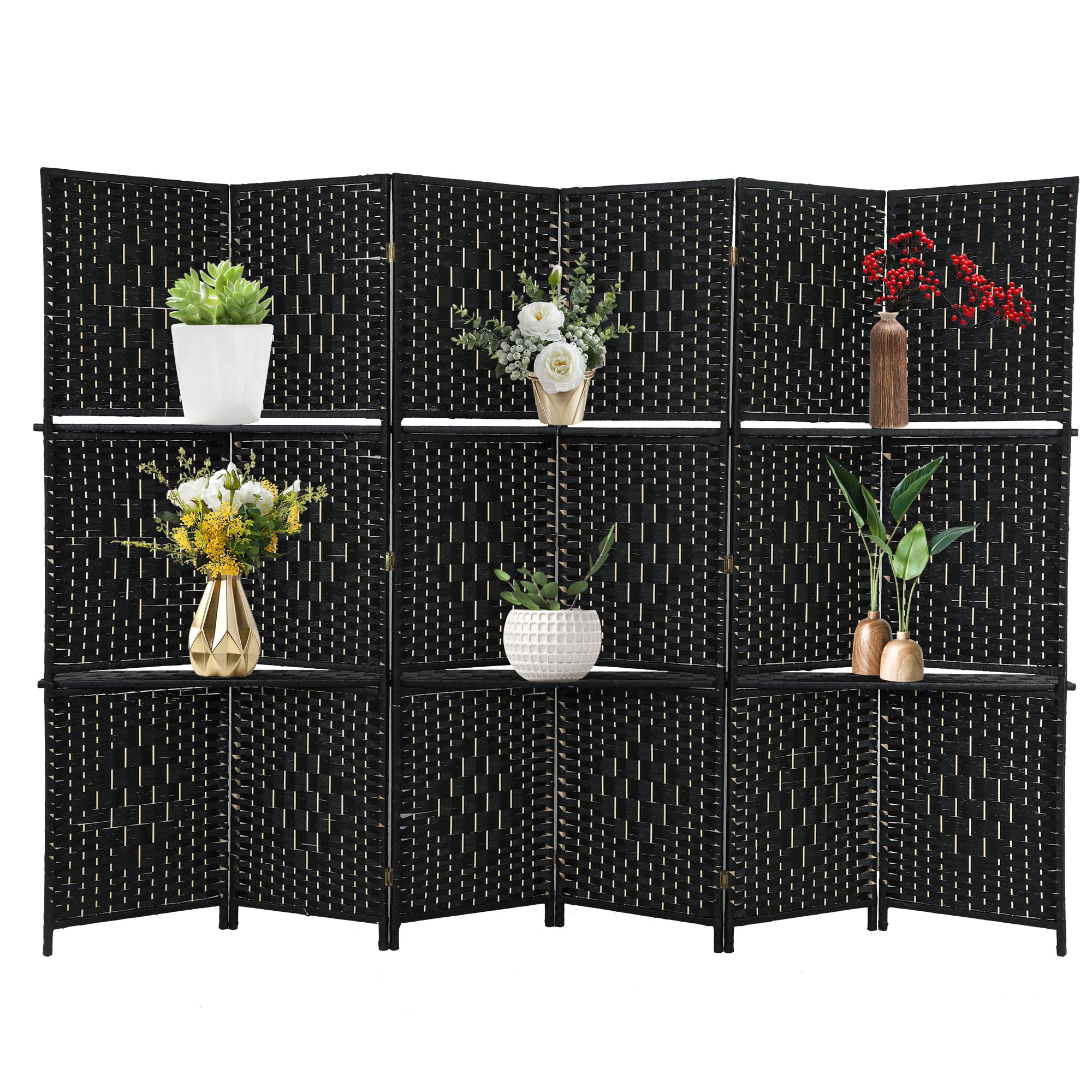 Room divider 6 panel room screen divider wooden screen folding portable partition screen wood with removable storage shelves colour,Black
