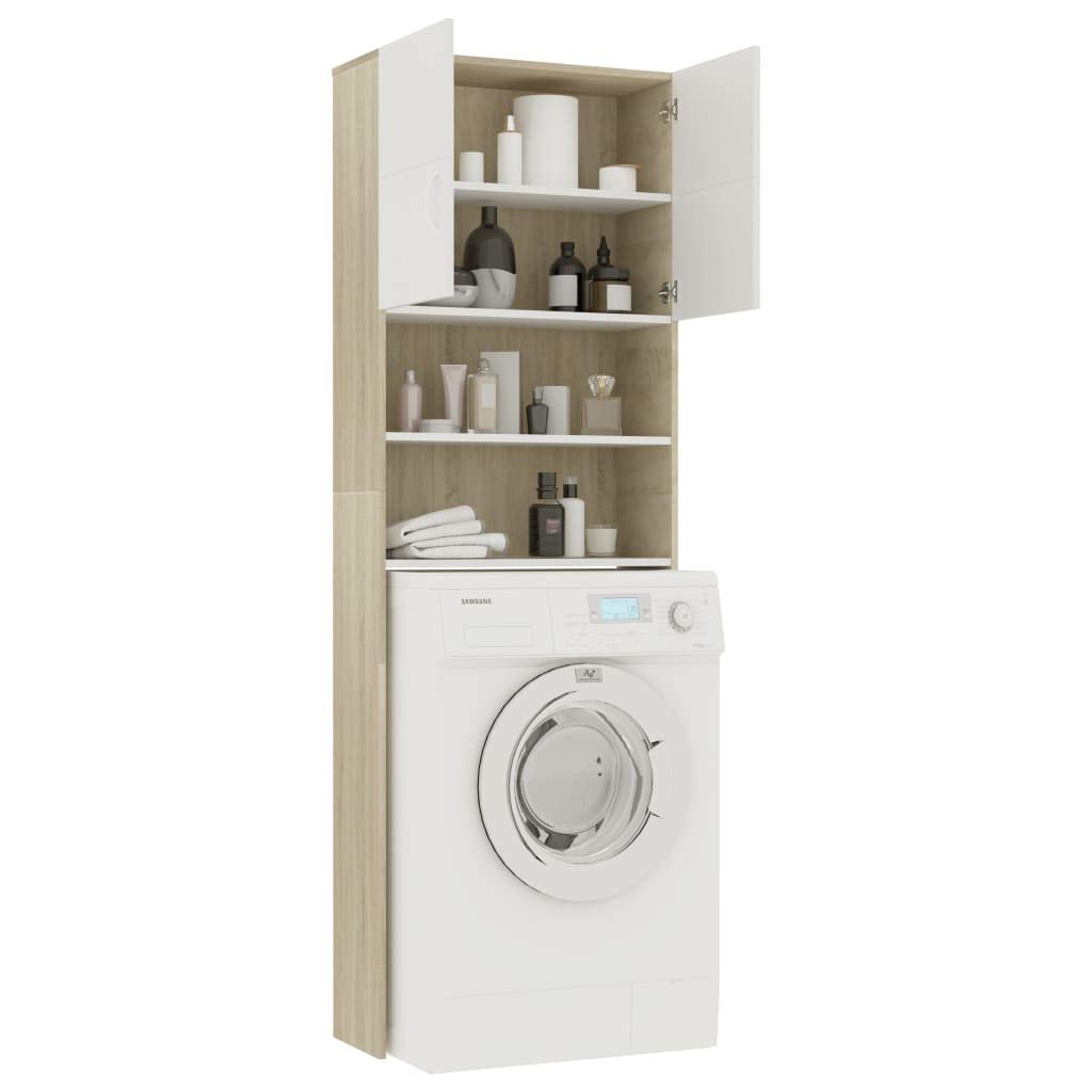 FAMIROSA Washing Machine Shelf, Washer Dryer Storage Shelf, Toilet Bathroom Cabinet above with 2 doors and 2 open compartments 25.2"x10"x74.8"White and Sonoma Oak