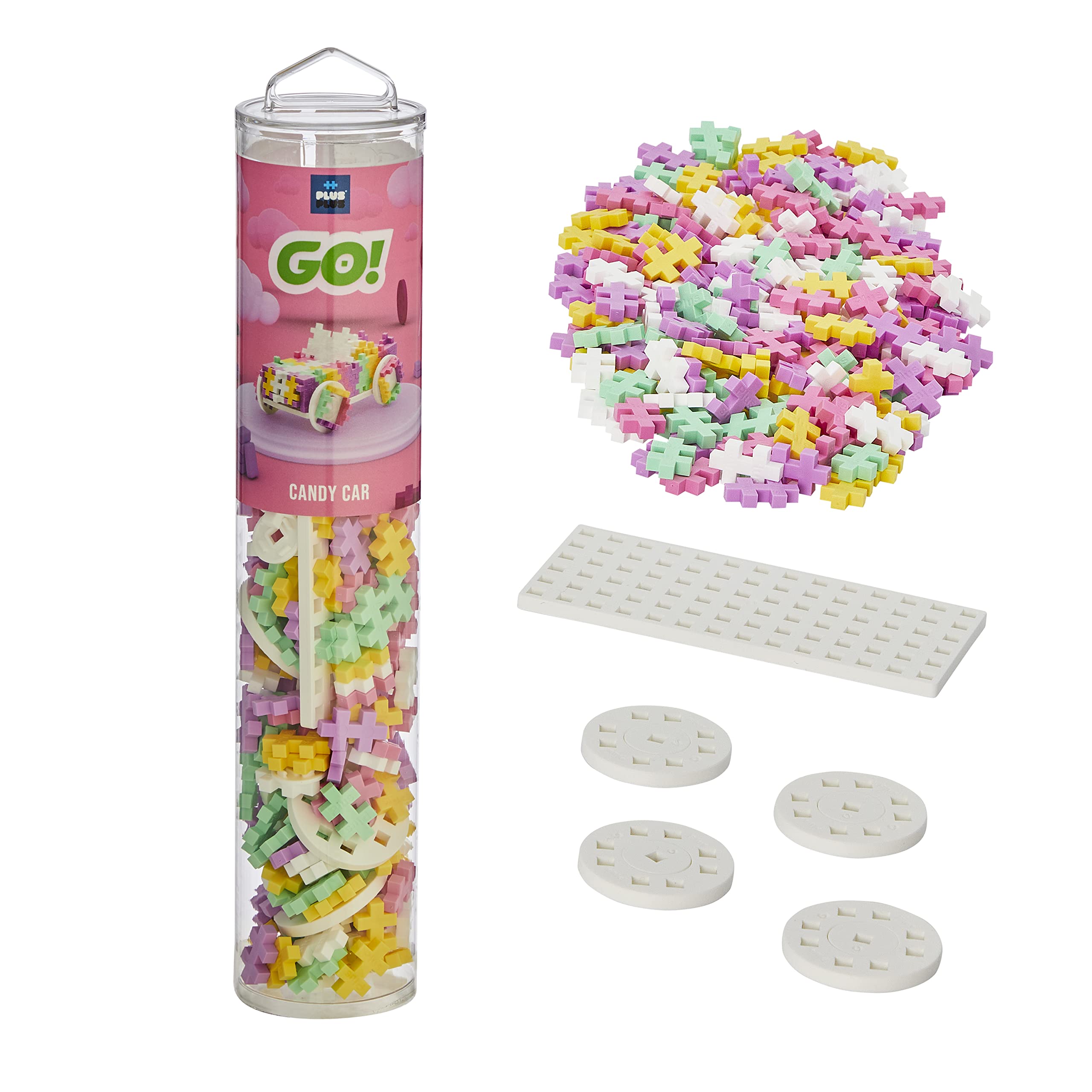 Plus Plus Color Cars Tube, Car Building Block Kit, 3D Puzzle Stem Toy Set for Kids, 200 Mini Interlocking Pieces - Candy