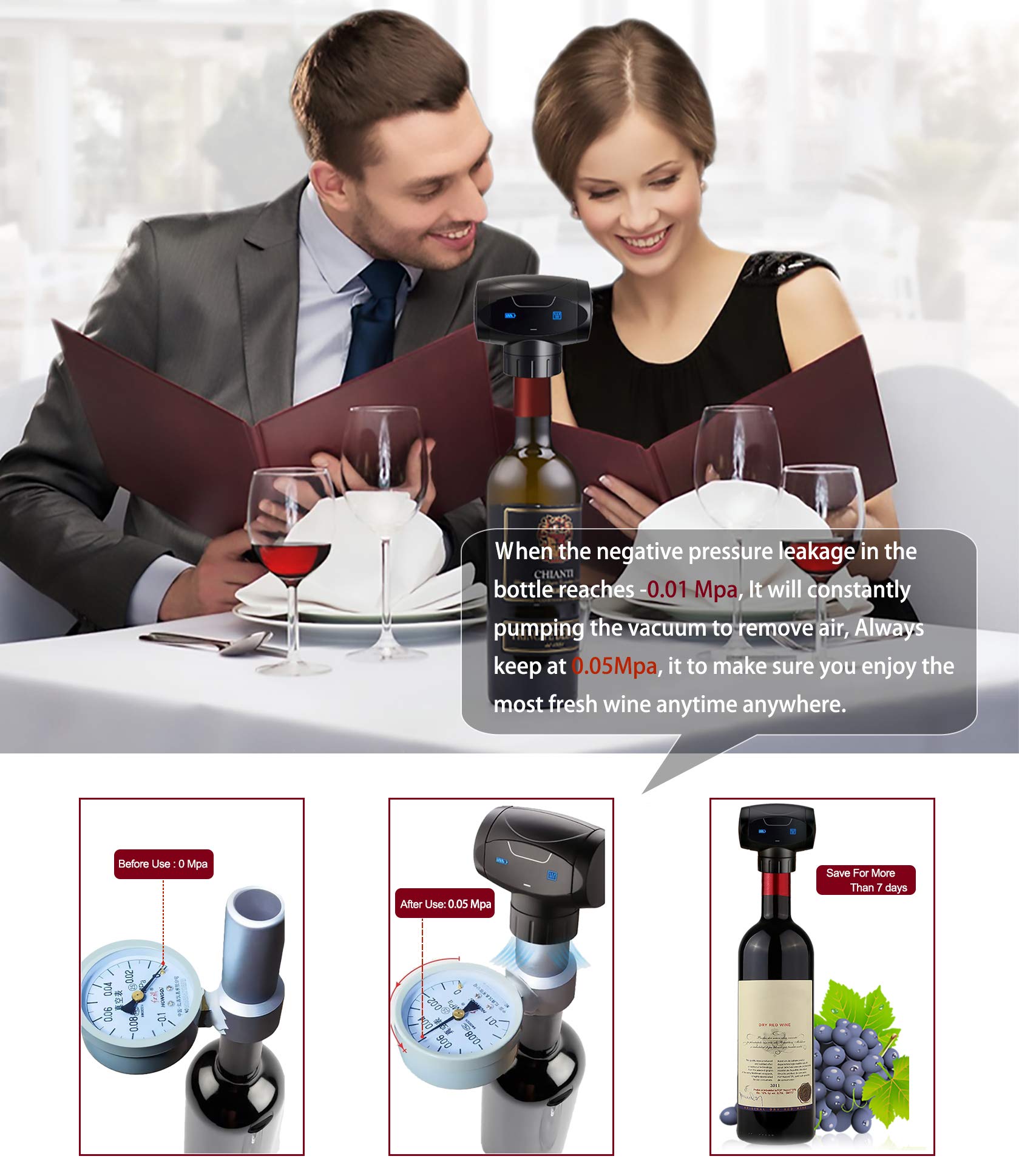 Ataller Electric Wine Stopper, Automatic Vacuum Wine Saver, Electric Smart Wine Stopper, Reusable Bottle Sealer & Wine Preservation System - Wine Accessories Gifts