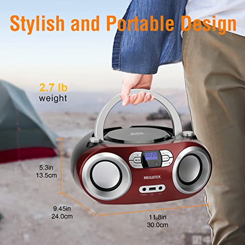 MEGATEK Portable CD Player Boombox with FM Radio, Bluetooth, USB, Aux-in and Headphone Jack, CD-R/RW and MP3 CDs Compatible, Enhanced Stereo Sound, AC/Battery Operated - Cherry Red