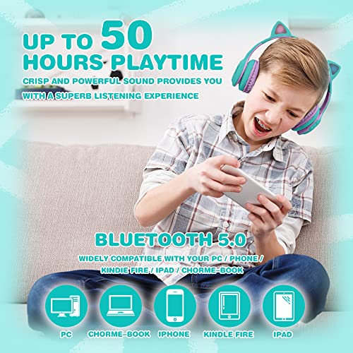 MIDOLA Kids Headphone Bluetooth Wireless or Wired Over Ear Cat Light Foldable Stereo Headset with AUX 3.5mm Mic Volume Limit 110-94 dB for Adult Child Boy Girl Cellphone Tablets TV Game Green