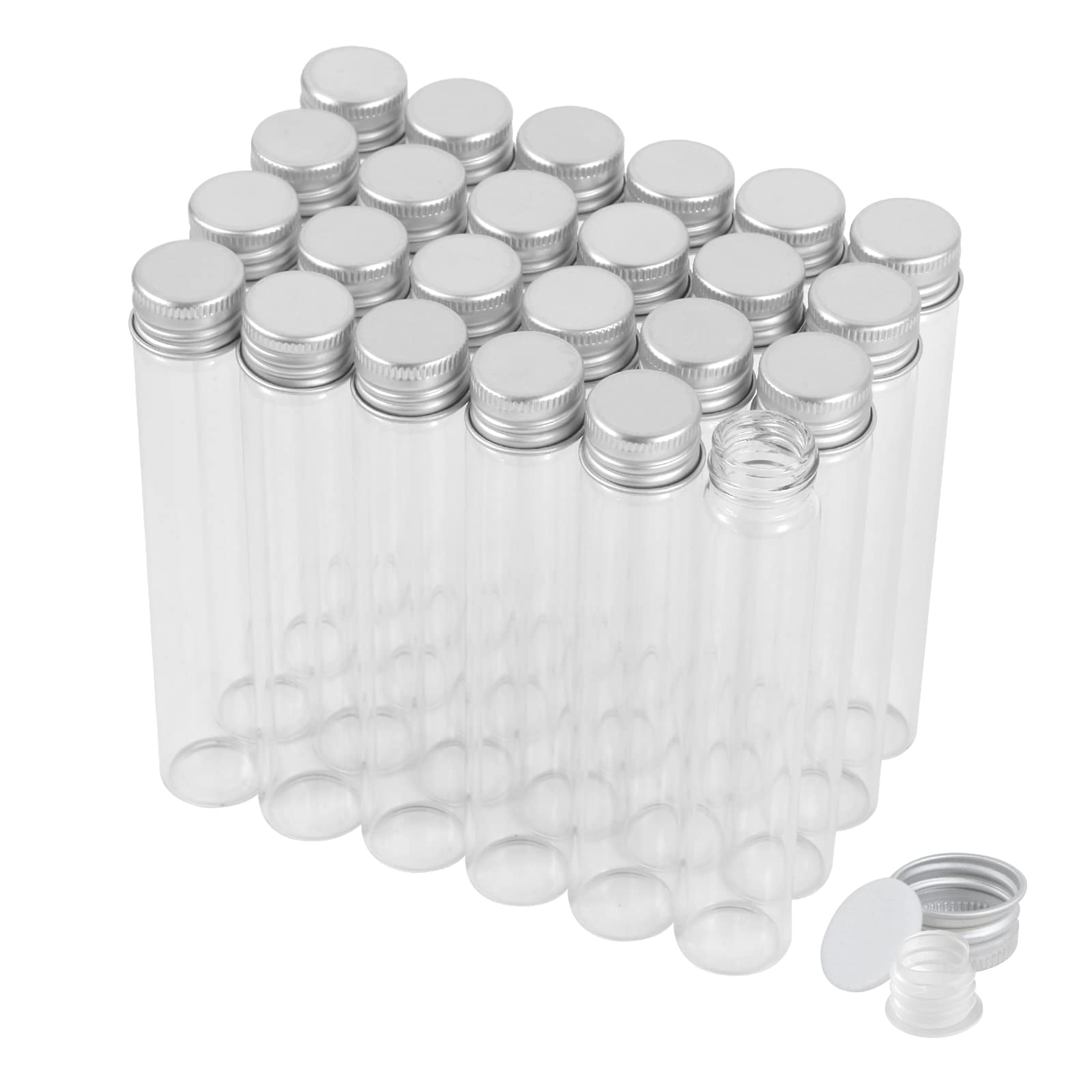 Cadbibe 30ml Glass Clear Test Tubes with Screw Caps and Plastic Stoppers, Liquid Sample Vial, Leak-Proof Flat Test Tubes, 24PCS