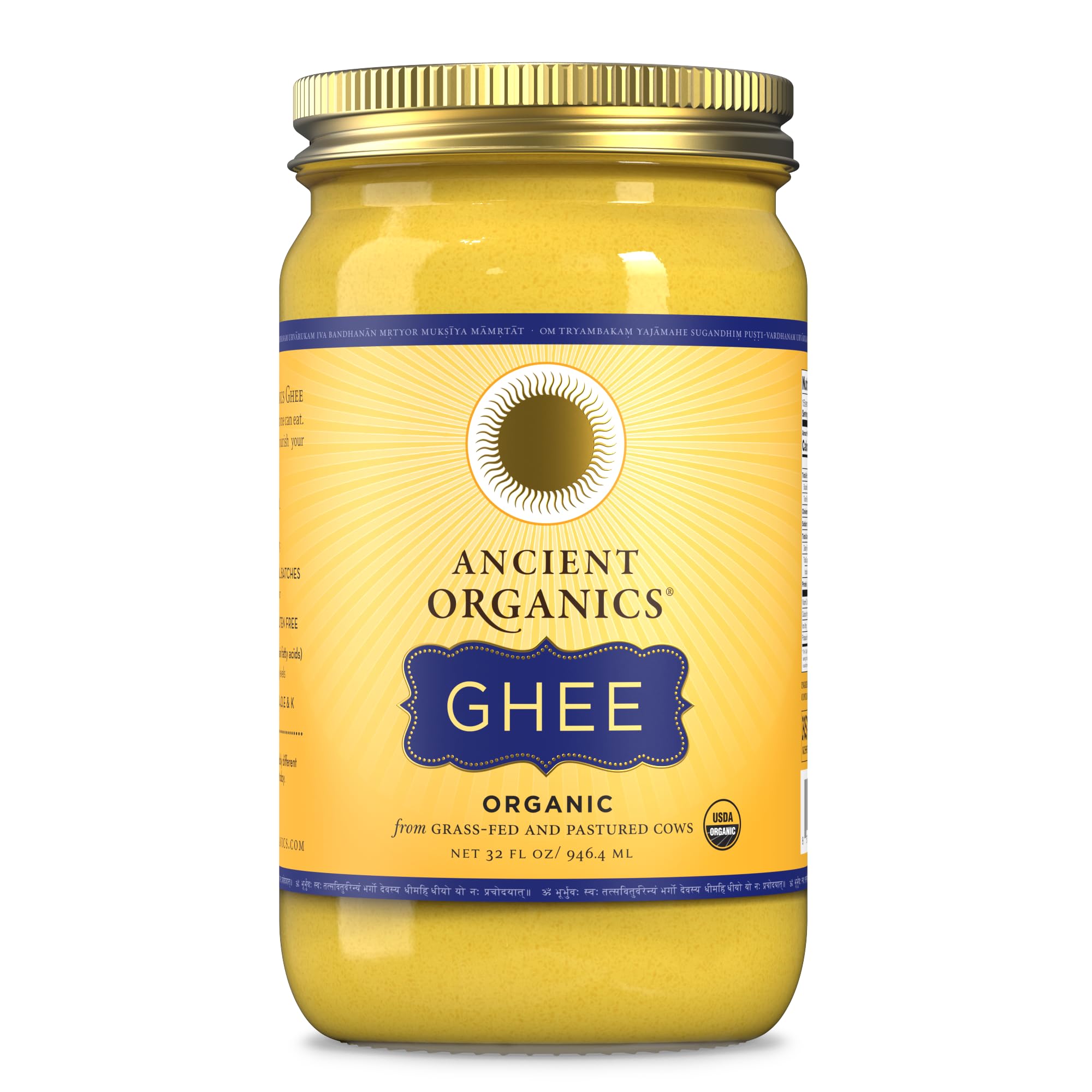 Ancient Organics Ghee, Organic Grass Fed Gluten Free Clarified Ghee Butter with Vitamins & Omegas, Lactose Reduced, 100% Certified Organic, Kosher, USDA Certified, Made in USA – 32 Fl Oz (Pack of 1)