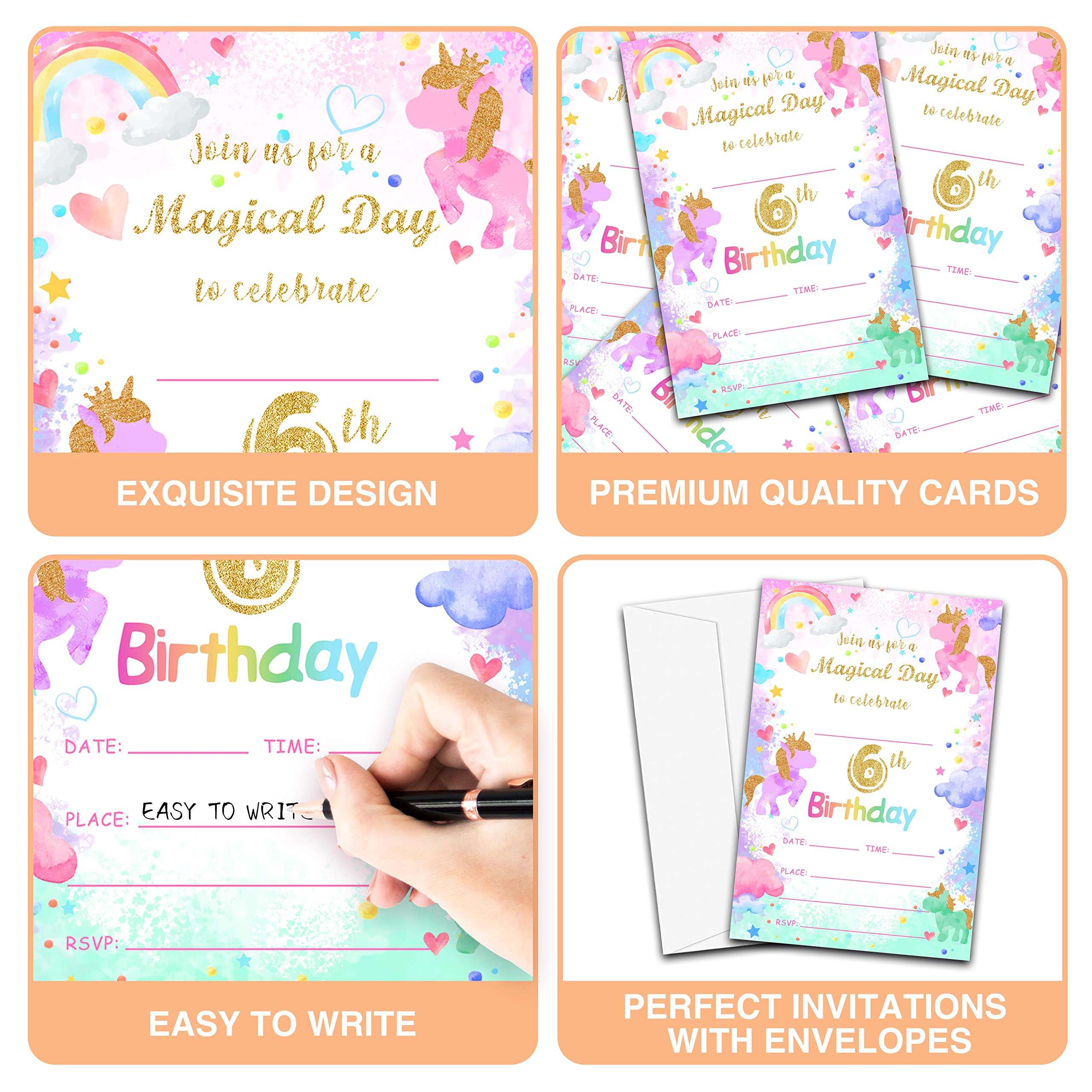 YQV 6th Birthday Party Invitations, 20-Count Magical Day Birthday Party Invites With Envelopes-HBYQK-B11