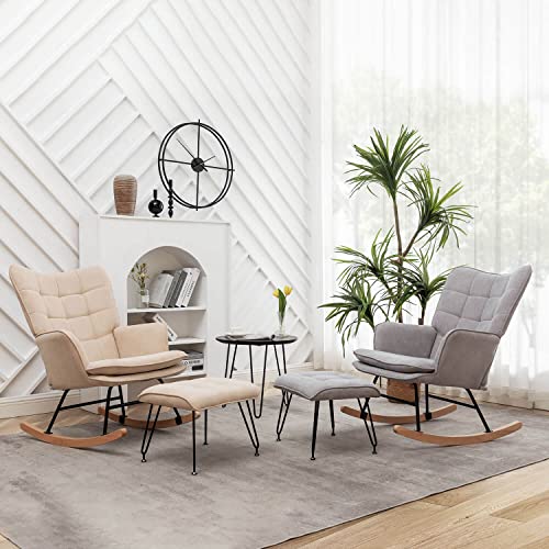 MELLCOM Rocking Chair with Ottoman, High Back Nursery Glider Rocker with Solid Wood Leg, Modern Upholstery Linen Fabric Armchair for Nursery, Living Room and Bedroom