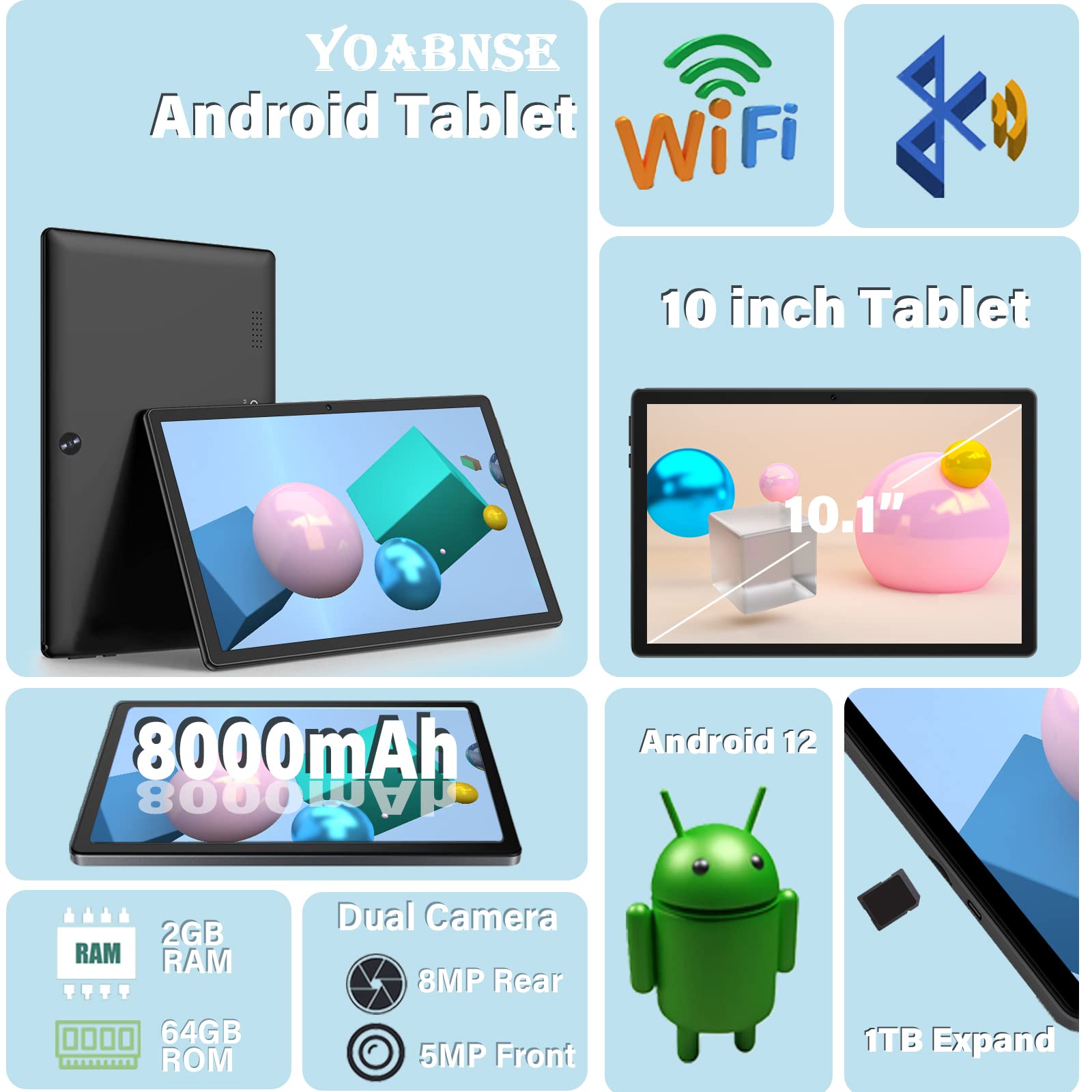Android Tablet 10 inch, Android 12 Tablet, 2GB RAM 64GB ROM 1TB Expand Android Tablet with Dual Camera, WiFi, Bluetooth, 8000mAh, HD Touch Screen, Google GMS Certified