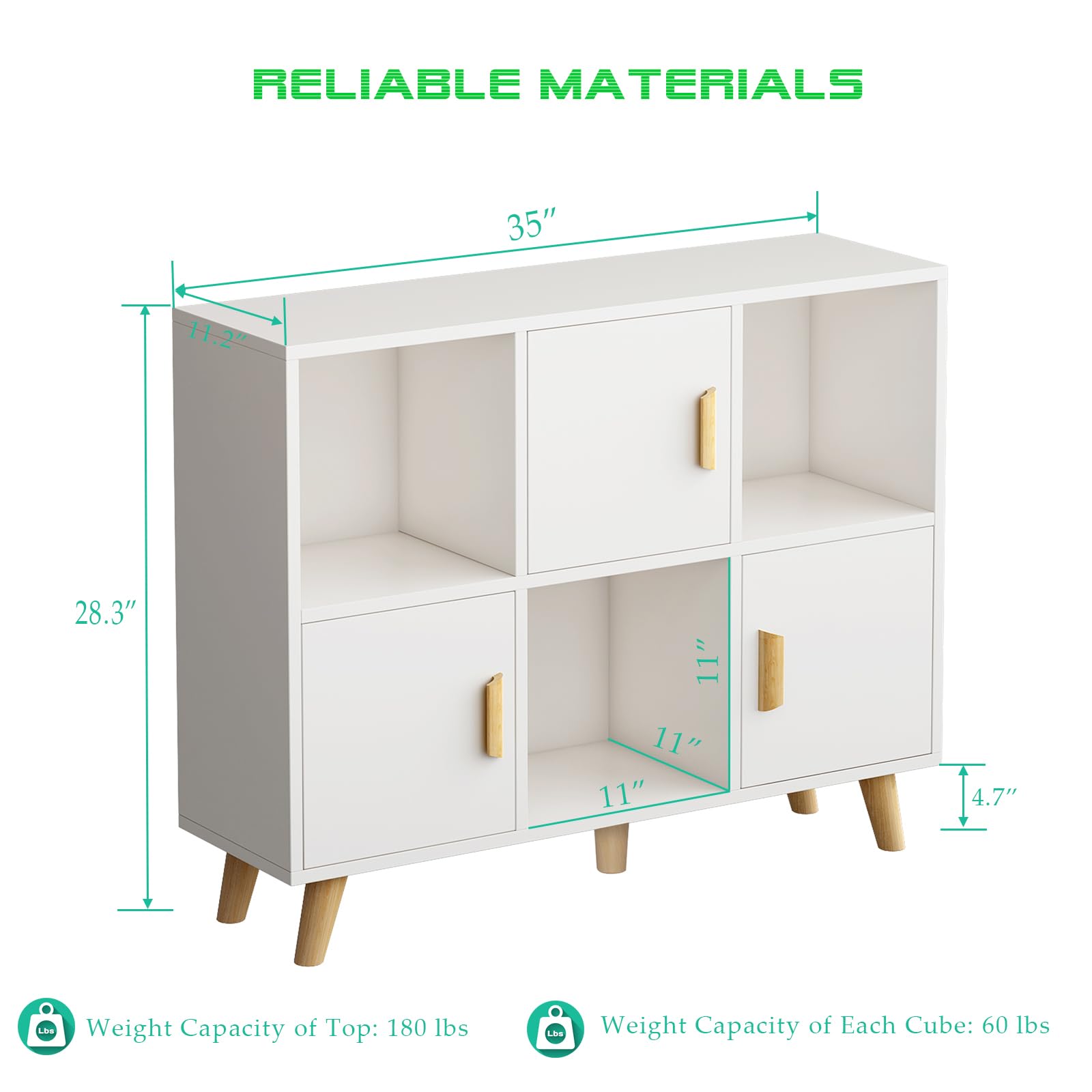 OSCHF Cubby Shelf Bookcase with Doors - Wooden 6 Cube Floor Standing Open Bookshelf with Solid Wood Legs, 2-Tier Low Storage Cabinet, Warm White