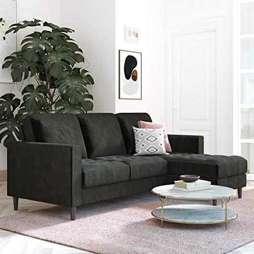 CosmoLiving by Cosmopolitan CosmoLiving Strummer Reversible Sectional Couch, Black Velvet Sofa (DA038-BK)