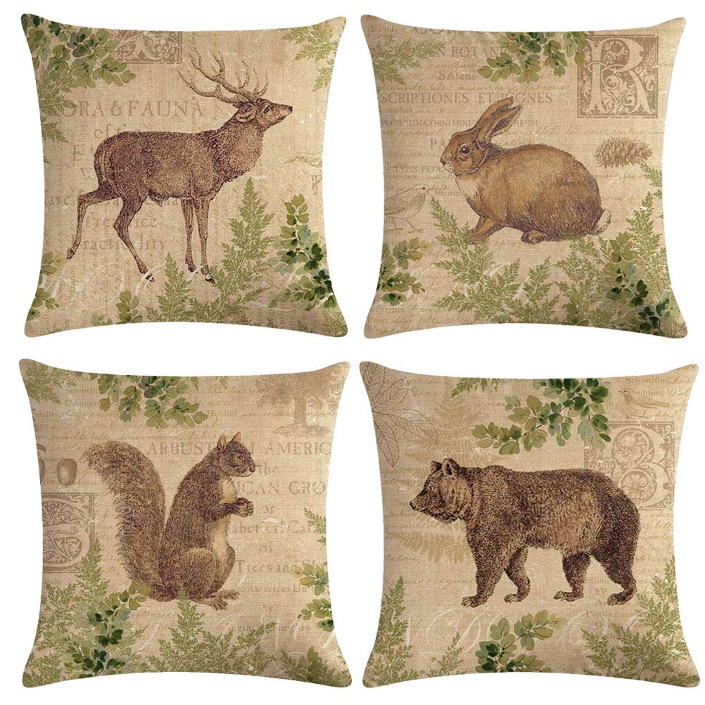 7COLORROOM Vintage Wildlife AnimalsThrow Pillow Covers Squirrel Bear Elk Rabbit with Green Plants Cushion Cover Home Decor Square Cotton Linen Pillowcase 18" X 18" Set of 4 (Animals)