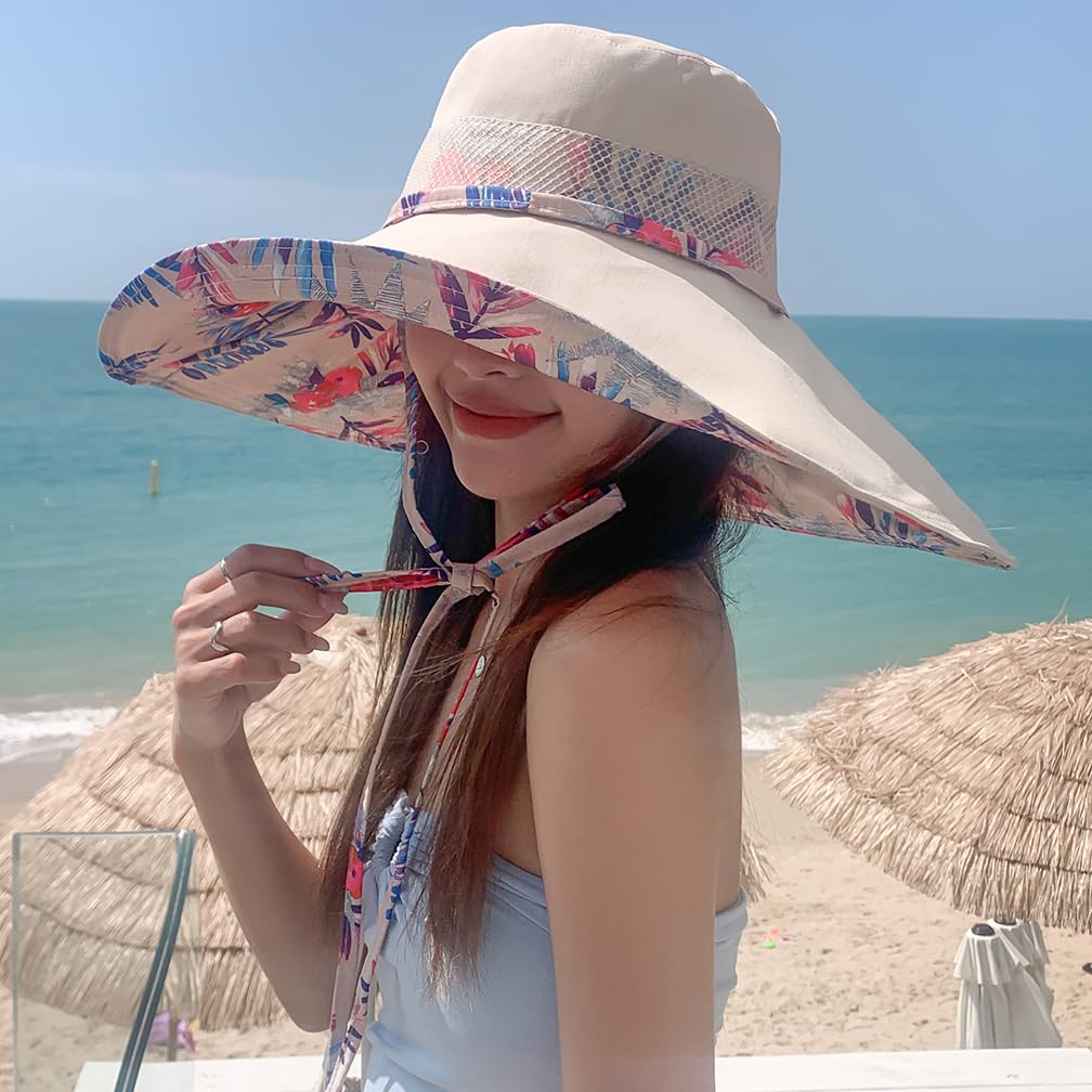 6" Extra Wide Brim Sun Hats UPF 50+ UV Protection Packable Beach Hat Strap Women (Beige)