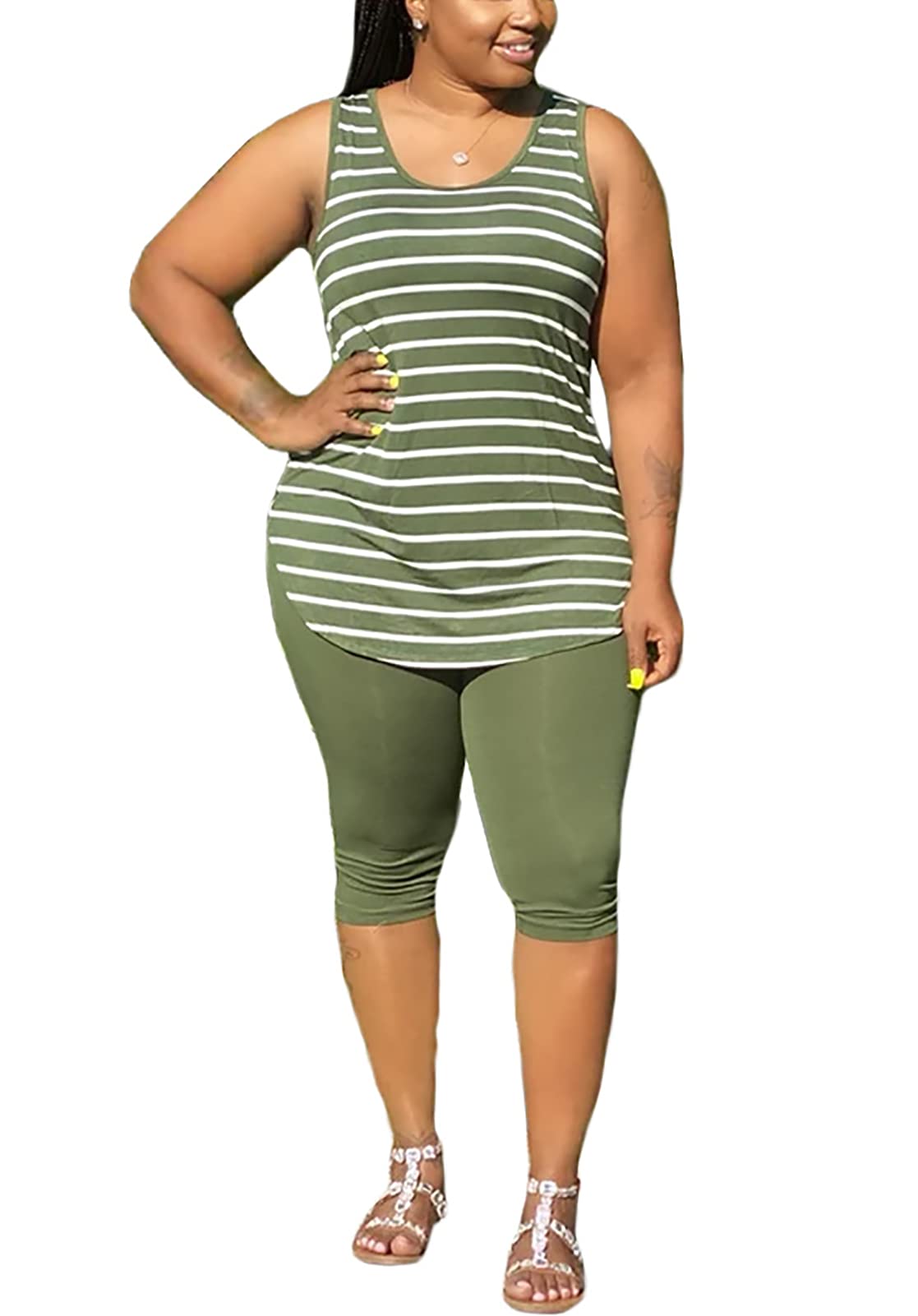acelyn Women's Striped 2 Piece Outfits Plus Size Casual Summer Tank Tops Biker Shorts Sets (X9244-Red, 5XL)
