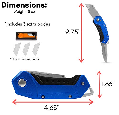 BirdRock Home Premium Folding Utility Knife with Sport Blade – Small Compact Pocket – Folding Box Cutter Tool – 3 Extra Razor Blades – Cut Cardboard Boxes – Locking Safety Knife Set – Heavy Duty