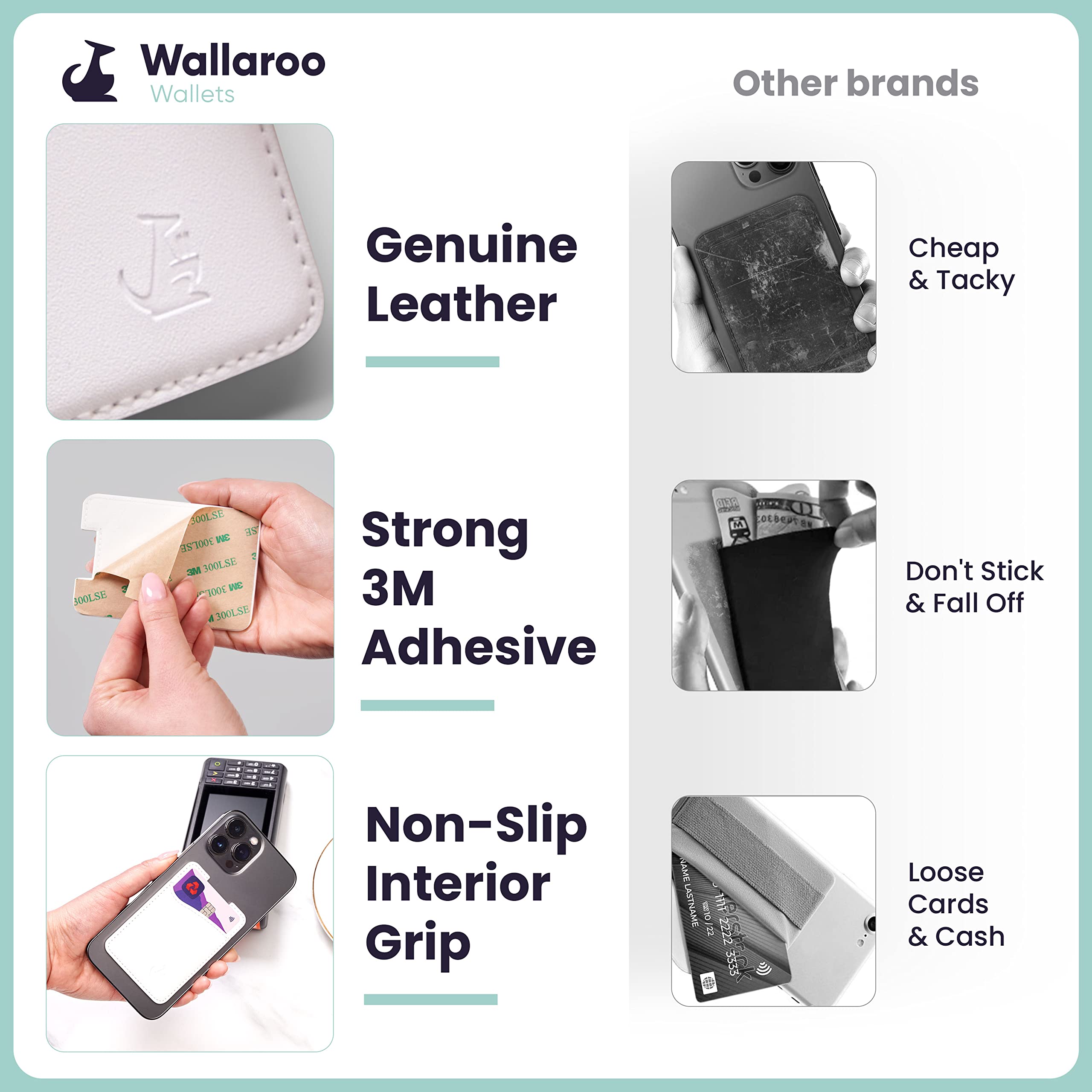 Premium Leather Phone Card Holder - Stick On Wallet for iPhone and Android Smartphones - Minimalist Style with Non-Slip Lining Secures Up to 3 Cards Kangaroo