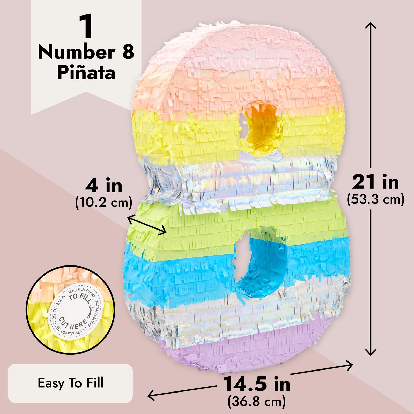 BLUE PANDA Large Number 8 Pinata for 8th Birthday Party Decorations, Rainbow Pastel (21 x 14.5 x 4 In)