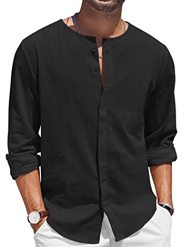 COOFANDY Men Fashion Banded Collar Linen Shirts Button-up Yoga Shirts(Black, Large)