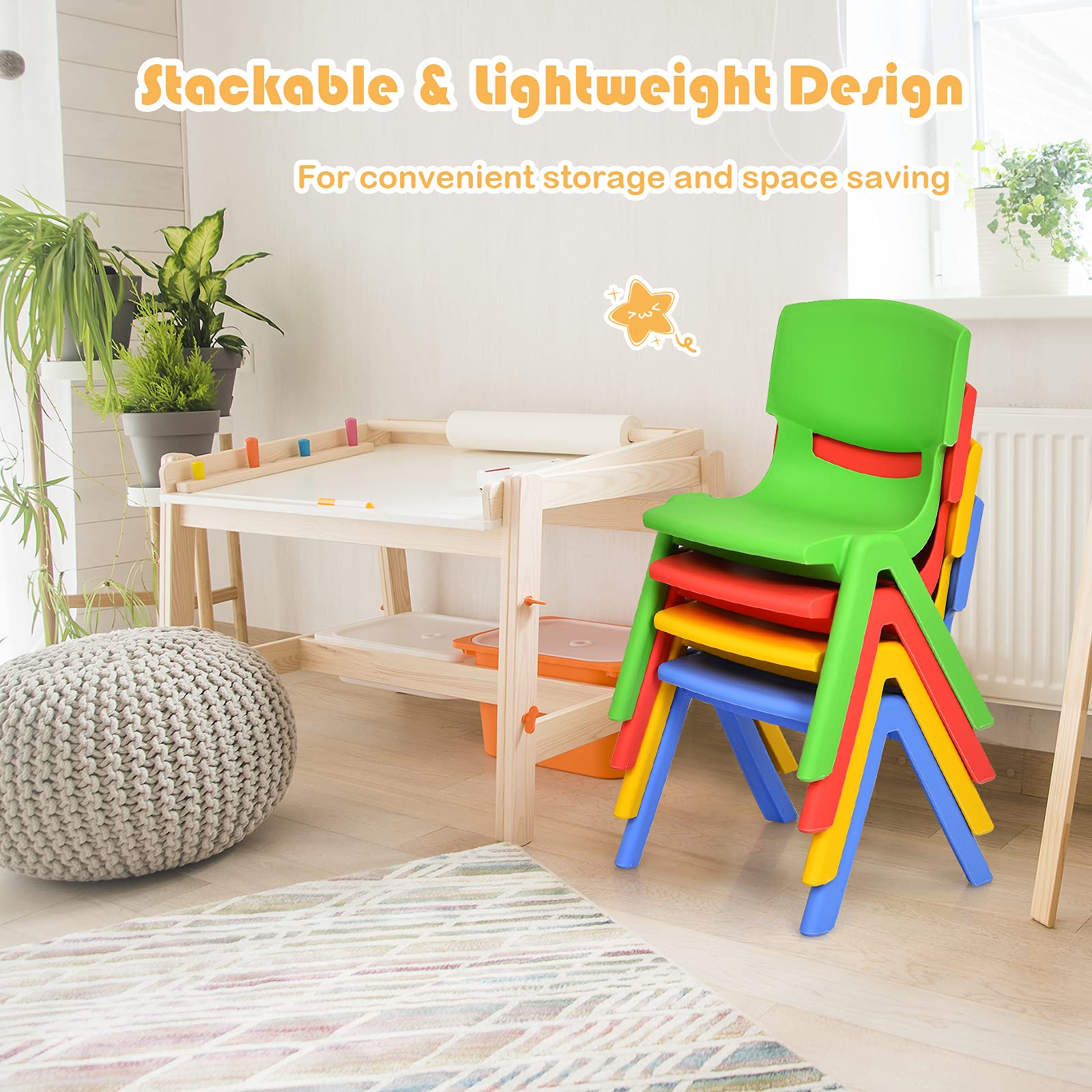 Costzon Kids Chairs, Stackable Plastic Learn and Play Chair for School Home Play Room, Colorful Chairs for Toddlers, Boys, Girls (Multicolor, 4 Chairs)