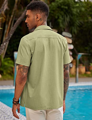 COOFANDY Men's Casual Dress Shirt Solid Short Sleeve Button Up Summer Shirts Cuban Shirt## Light Green