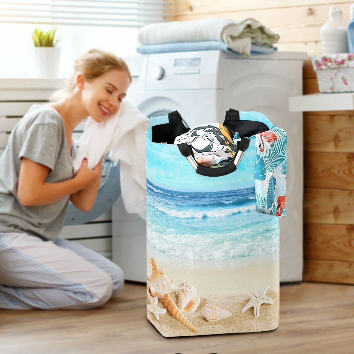 Exnundod Large Storage Basket Beach Theme Laundry Baskets Washing Hamper, Sandy Shell Starfish Collapsible Dirty Clothes Organizer Bag with Handle Oxford Waterproof Bag 22.7 Inch