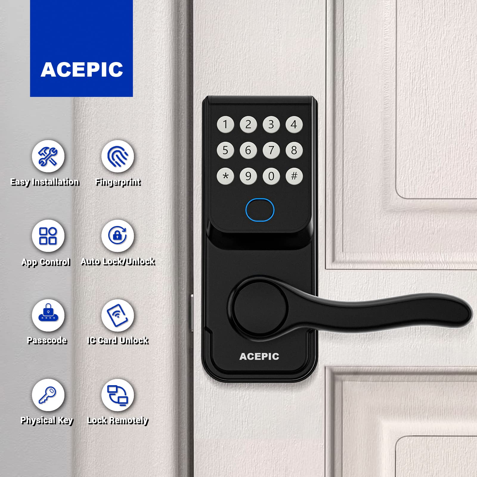 Acepic Full Metal Keyless Entry Door Lock, Keypad Door Lock, Keyless Door Lock, Fingerprint Door Lock, Smart Lock, Passcode Code Door Lock, Digital Smart Door Lock, Fob (Matte Black)