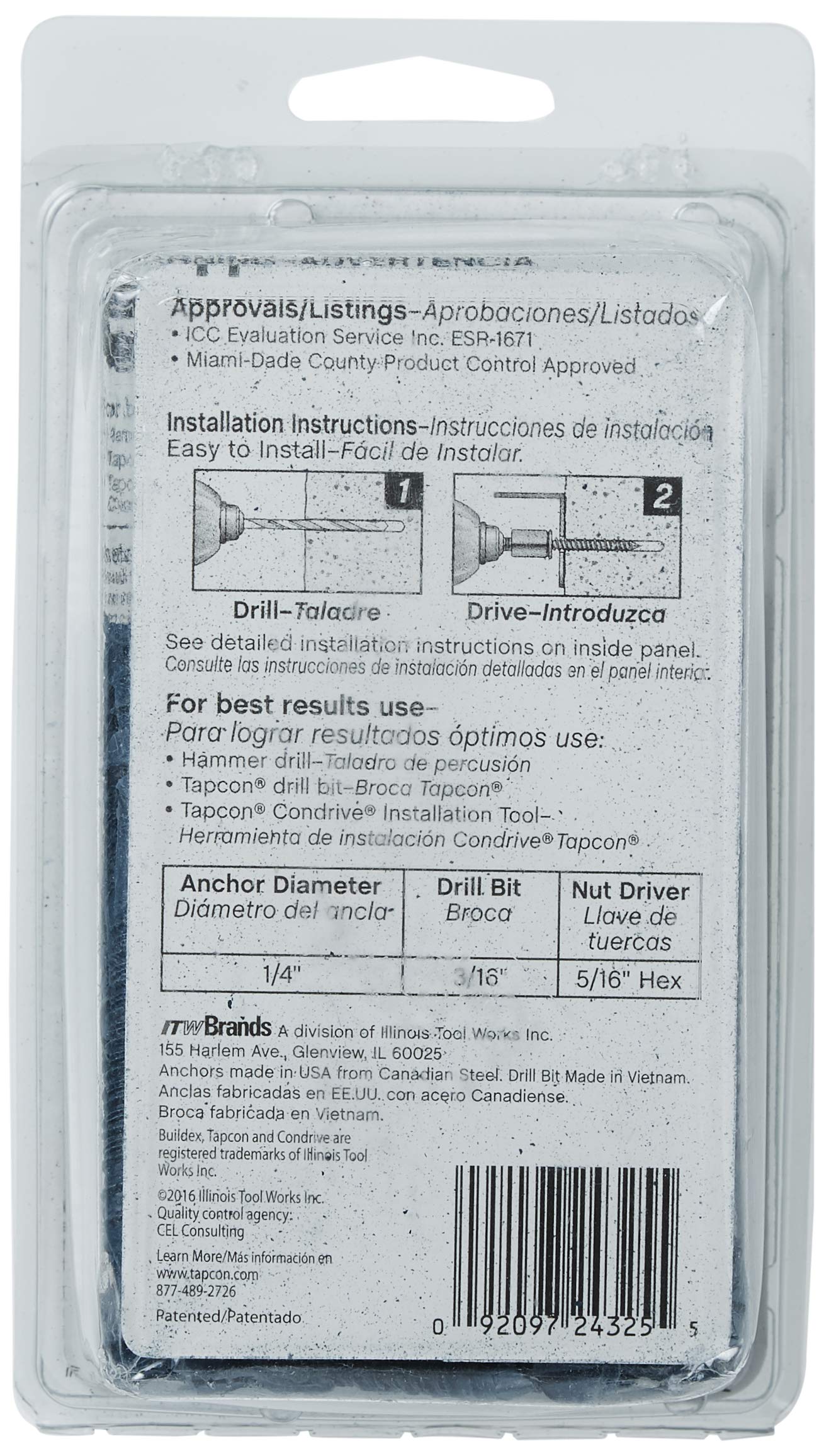 ITW Brands 24325 1/4" x 2.25", Steel, Hex Washer Head Concrete Anchors, Silver