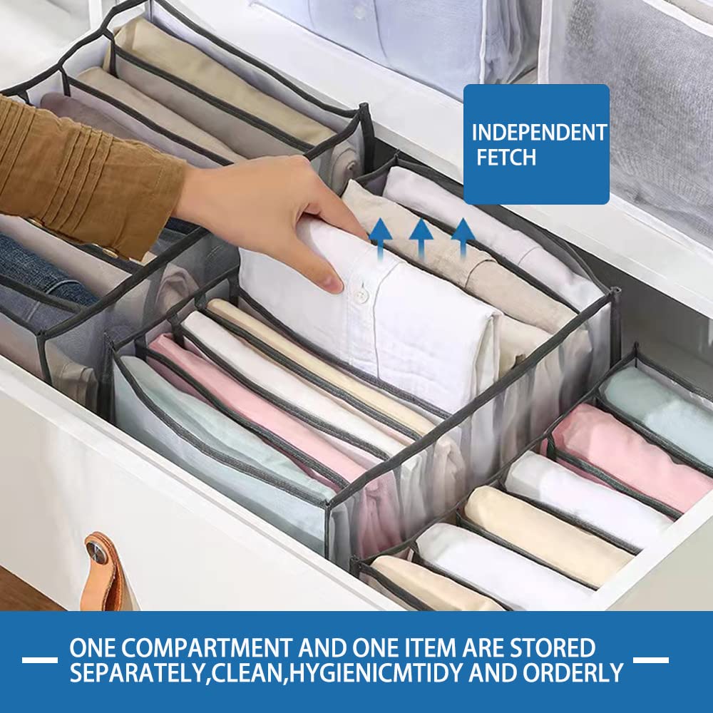 JINLU Wardrobe Clothes Organizer 7 Grids 9 Grids (2-Piece),Clothes Organizer for Folded Clothes Washable Drawer Organizers for Clothing Divided Mesh Organizing Box Uitable for Jeans (L,Gray )