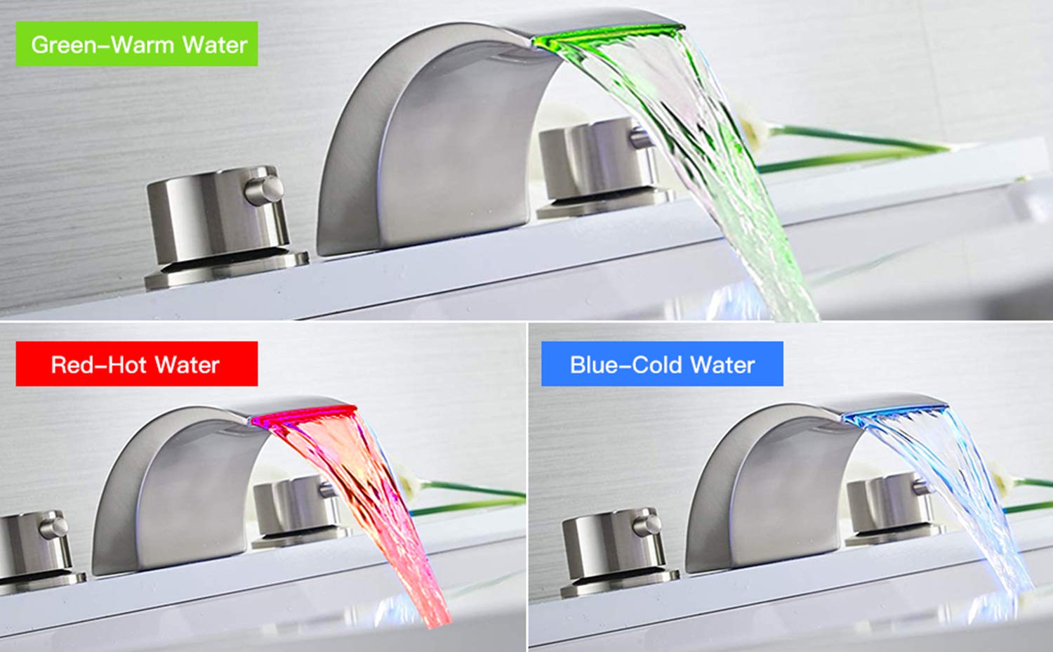 Bathfinesse 8-16 Inch LED Light Faucet Widespread Bathroom Sink Faucet Waterfall Vanity with 3-Color Changing 3 Holes with 2-Handles T Commercial Brushed Nickel Deck Mount Lavatory Faucets