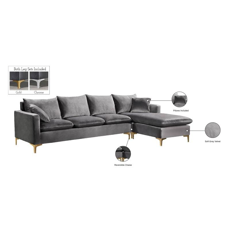 Meridian Furniture Naomi Collection Modern | Contemporary Velvet Upholstered REVERSIBLE Sectional with Rich Gold or Chrome Legs, Grey
