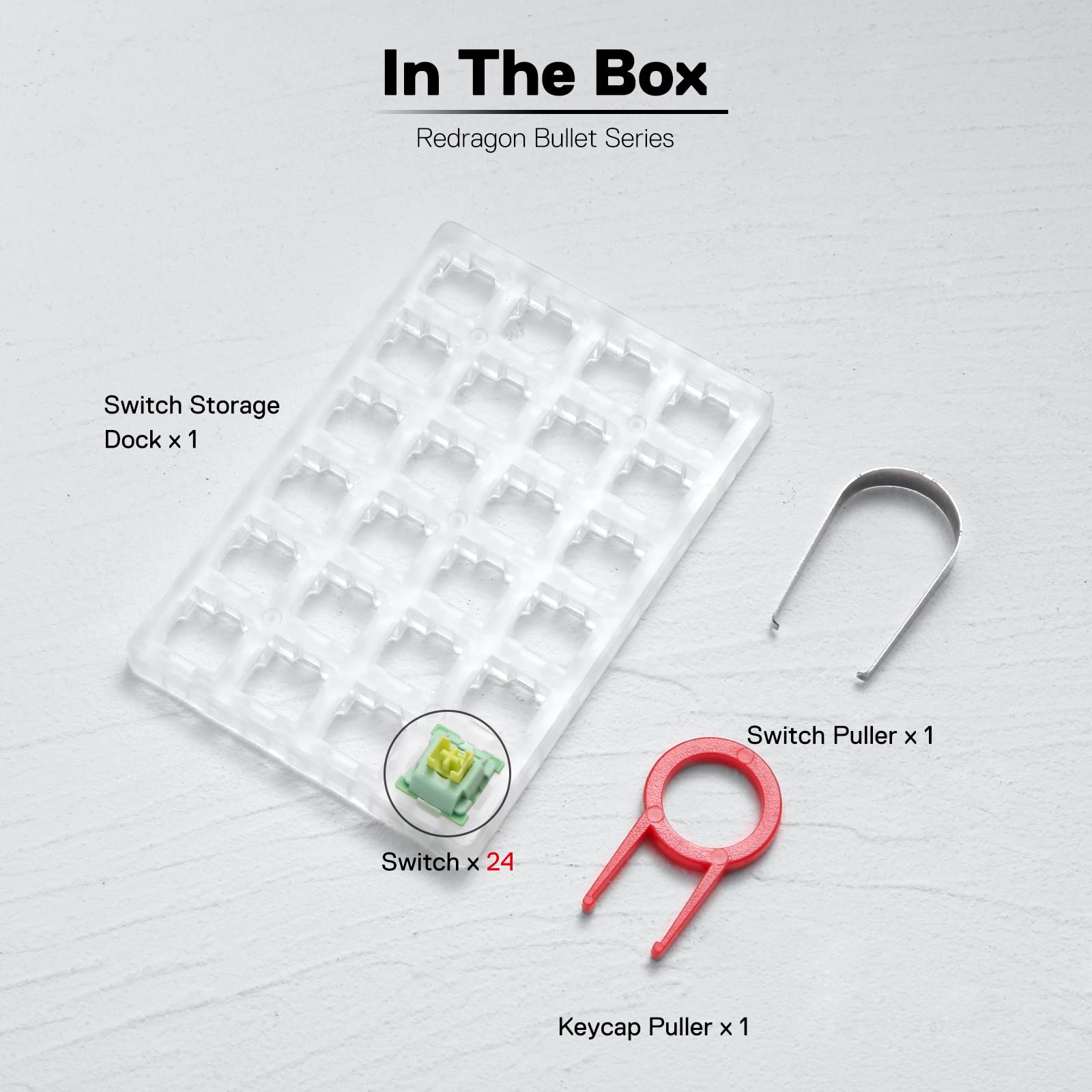 Redragon A113 Bullet-QT Soft Tactile Mechanical Switch, 3-Pin Plate Mounted Quiet Tactile Equivalent, Hot-Swappable DIY Keyboard Switch Mod, 50 Million Click(24 pcs Switches, Keycap + Switch Puller)