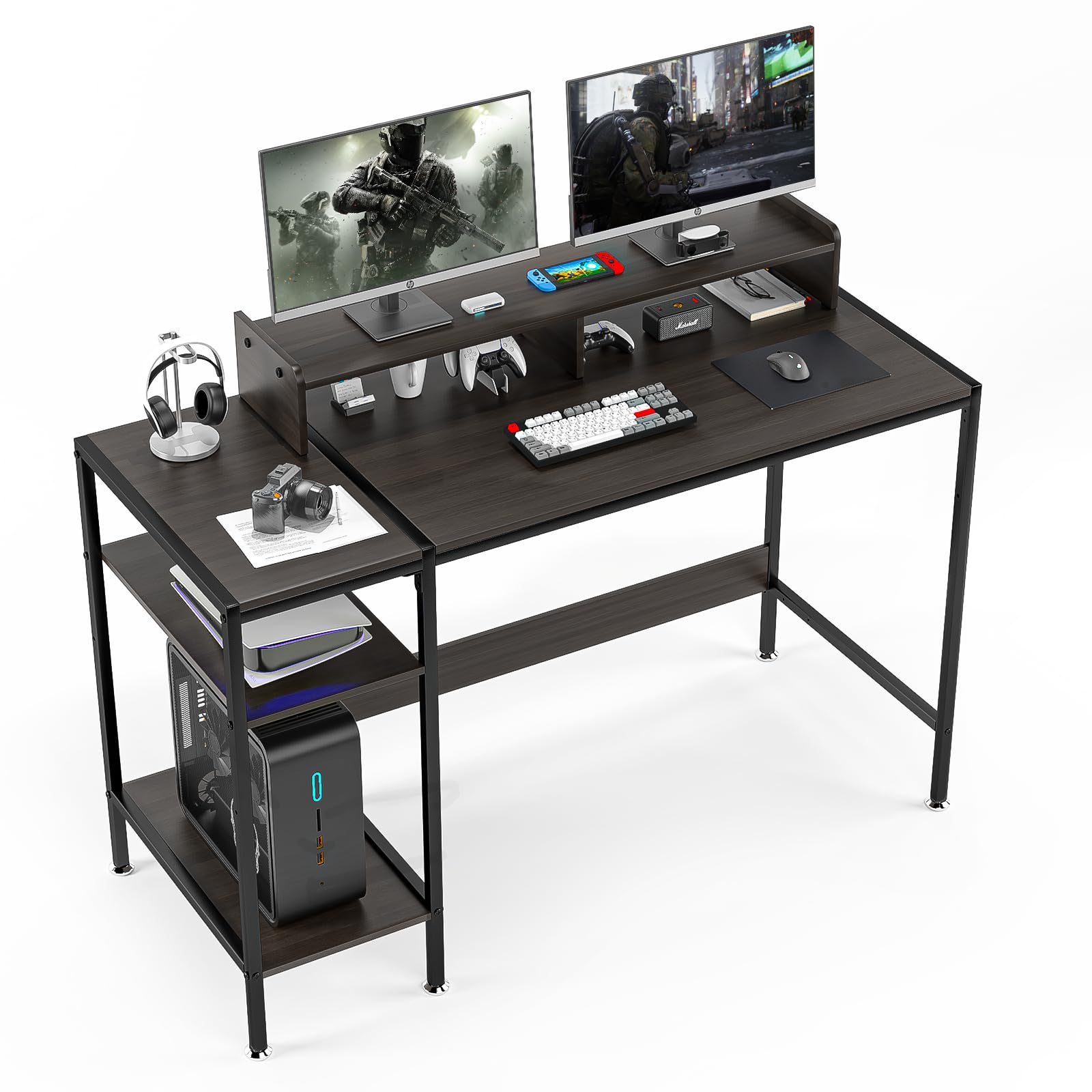 GZSHIYITECH 47”Gaming Desk/Computer Desk，Home Office Desk with Monitor Stand, Writing Desk for 2 Monitors,Desk Adjustable Storage Space, Firm and Practical Small Desk，Modern Design Corner Desk（Ash）