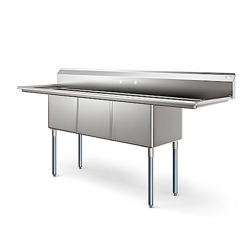 KoolMore 90 in. Three Compartment 18-Gauge Stainless-Steel Commercial Kitchen Sink, Bowl Size 18x18x14, with Three Basins and Pre-Drilled Faucet Holes and Two Drainboards (KM-SC181814-18B3)