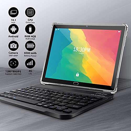 Android 11.0 Tablet, 2 in 1 Tablet 10.1 inch, 4G Cellular Tablet with Keyboard, Octa-Core, 64GB Storage, 4GB RAM, Mouse, Stylus, Case, Support Dual Sim Card, 13MP Camera, WiFi, Bluetooth, GPS (Black)