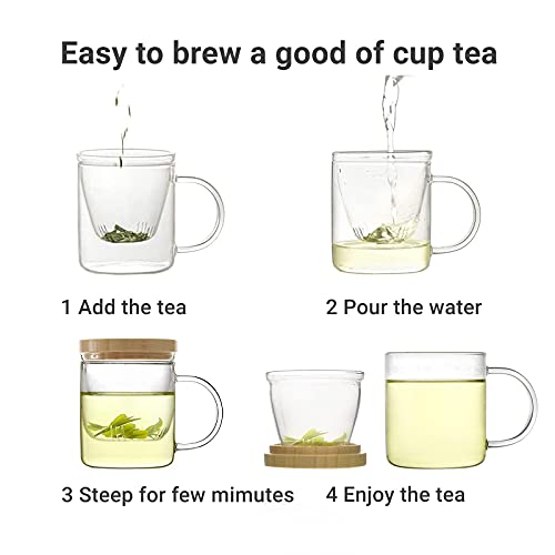 emoi Glass Tea Cup with Infuser and Lid, 15oz/450ml Tea Mug with Tea Steeper and Bamboo Lid, Easy to Use, Ideal for Tea Lover to Make a Great Cup of Tea at Home or Office