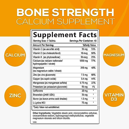 Bone Supplement with 1000 mg Calcium, Magnesium, Boron, Zinc, Vitamin D3 and K - Dietary Supplements for Bone Strength with Calcium Citrate and MCHA - Non-GMO, Gluten and Soy Free - 120 Capsules
