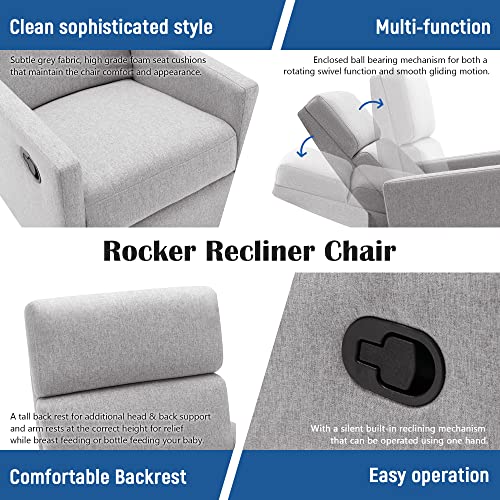 Merax Modern Upholstered Manual Recliner Chair w/Headsupport Adjustable Nursery Glider Rocker for Living Room, Bedroom, Set of 1, Gray-Swivel