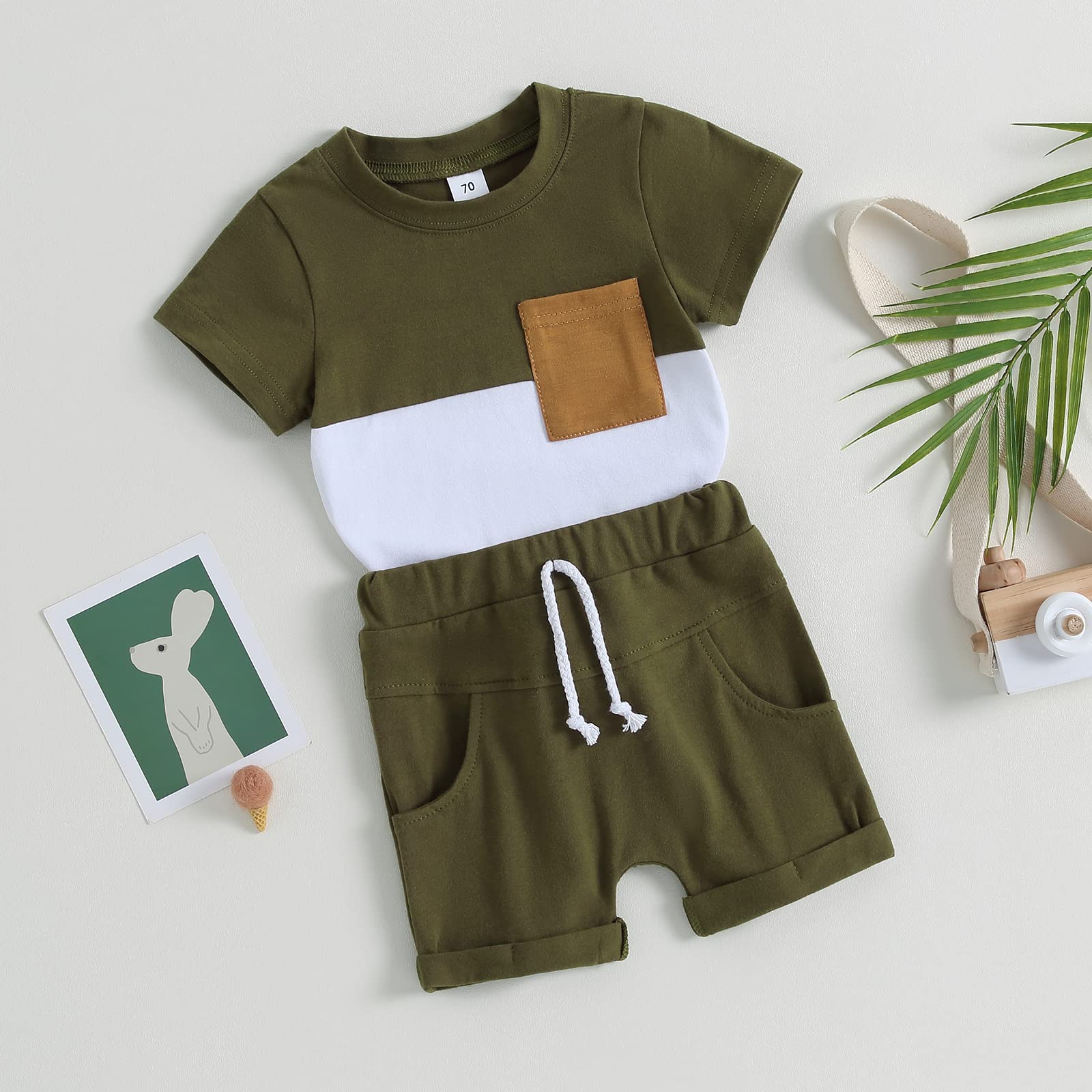 Adobabirl Toddler Baby Boy Summer Clothes Short Sleeve Plaid Pocket Tshirt Top Solid Shorts Set Casual Outfits (Checked Pocket-Black,18-24 Months)