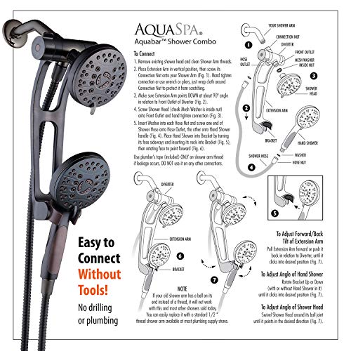 AquaSpa High Pressure 48-mode Luxury 3-way Combo with Adjustable Extension Arm – Dual Rain & Handheld Shower Head – Extra Long 6 Foot Stainless Steel Hose – All Oil Rubbed Bronze Finish – Top US Brand
