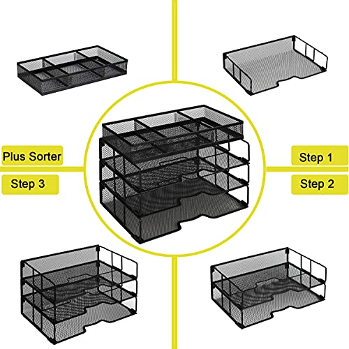 Meshist Paper Letter Tray Organizer, 3 Tier Stackable Desk File Organizer with Sorter,Black