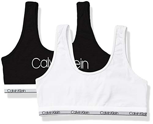 Calvin Klein Girls' Little Kids Modern Cotton Bralette, Multipack & Single, 2 Pack-Black with Logo, White, X-Large