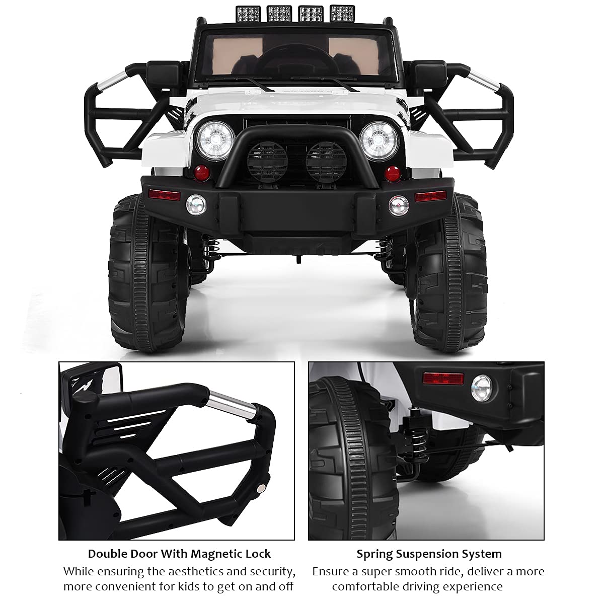 Costzon Ride On Car, 12V Battery Powered Electric Ride On Truck w/Parental Remote Control, LED Lights, Double Doors, Safety Belt, Music, MP3 Player, Spring Suspension (White)