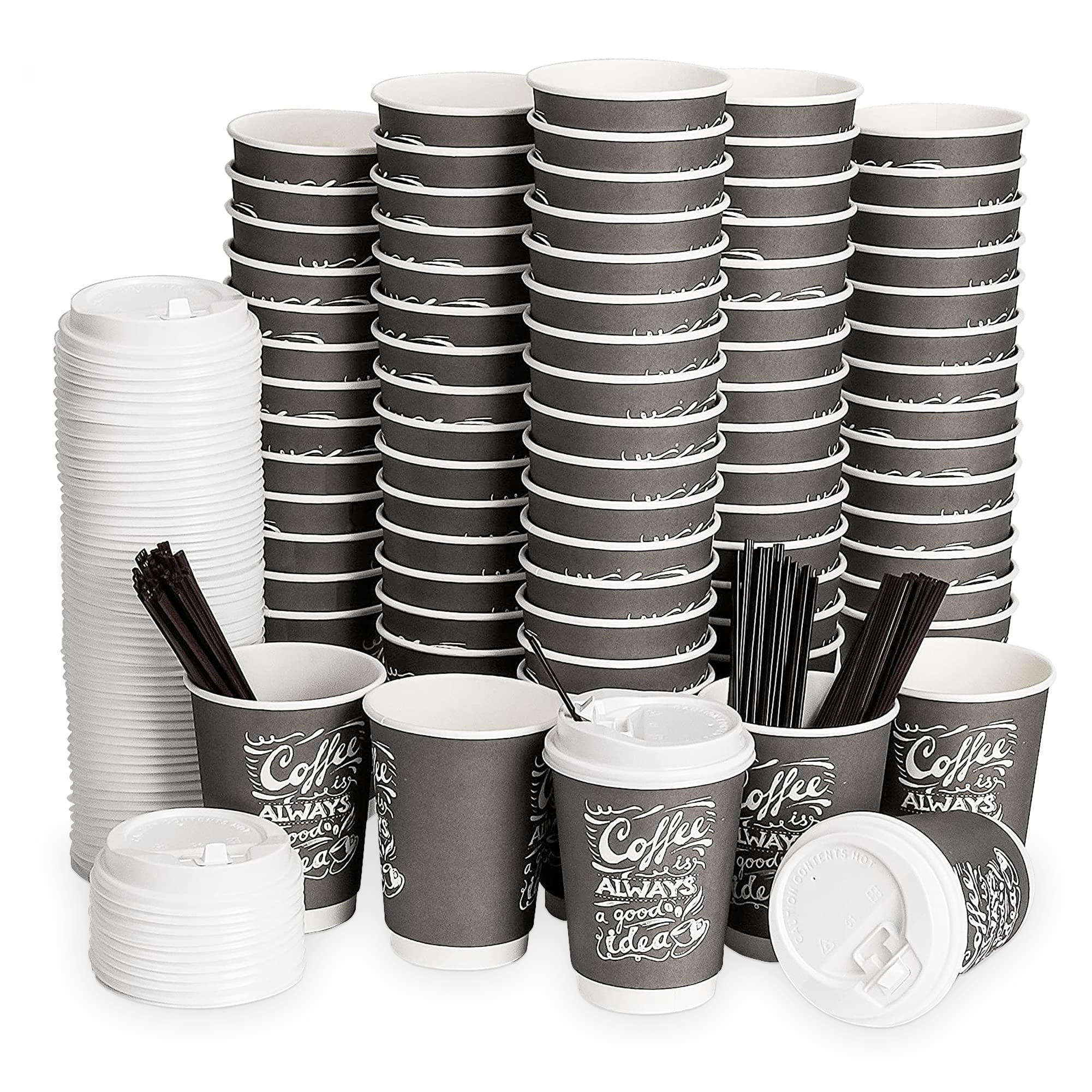 80pcs Insulated Double Wall, 12 oz Disposable Coffee Cups with Lids & Stirrers-To Go Paper Coffee Cups with lids for Hot&Cold Beverages-Hot Cups for Coffee, Tea, Chocolate-for Office, Cafes, Weddings