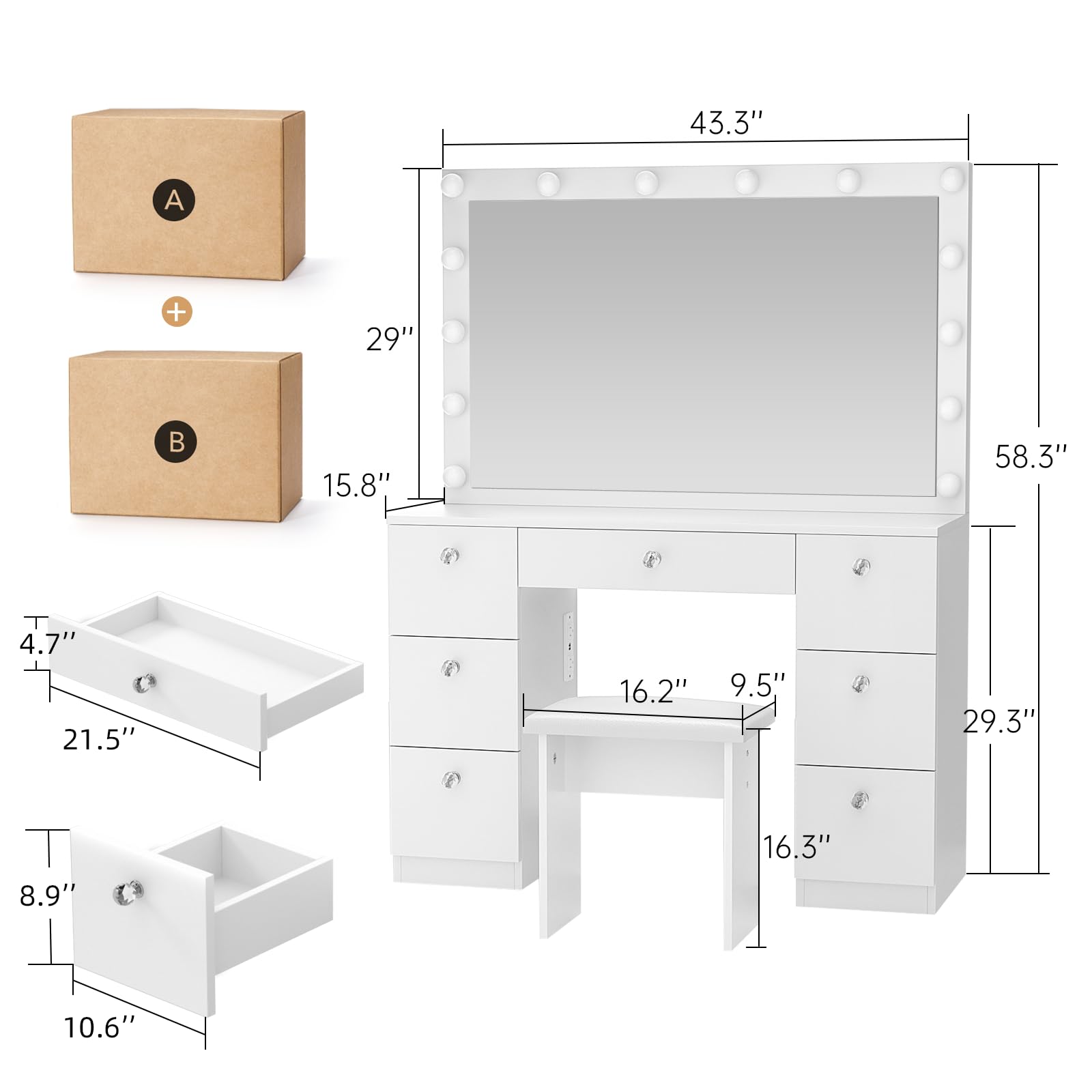 VOWNER Vanity with Lighted Mirror - Makeup Vanity Desk with Power Outlet and 7 Drawers, 3 Color Lighting Modes Adjustable Brightness, 44" Vanity Table with Soft Cushioned Stool for Women Girls, White