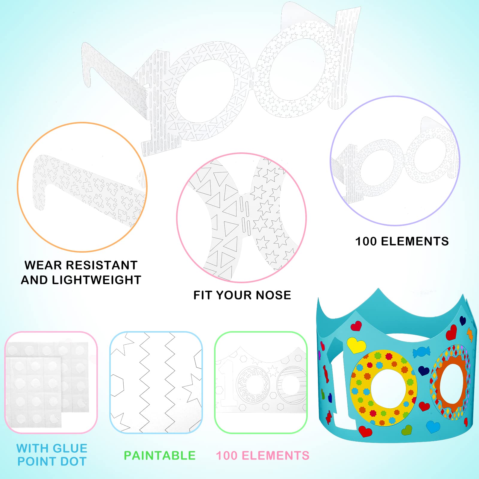 Civaner 48 Pieces 100th Day of School Decorations Kit Includes 24 Glasses and 24 Crowns 100th Day of School Celebration for Kids Project Students Personalize Show School Spirit