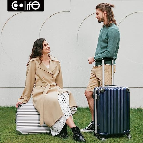 Coolife Luggage Aluminium Frame Suitcase TSA Lock 100% PC 20in 24in 28in (Blue, M(24in))
