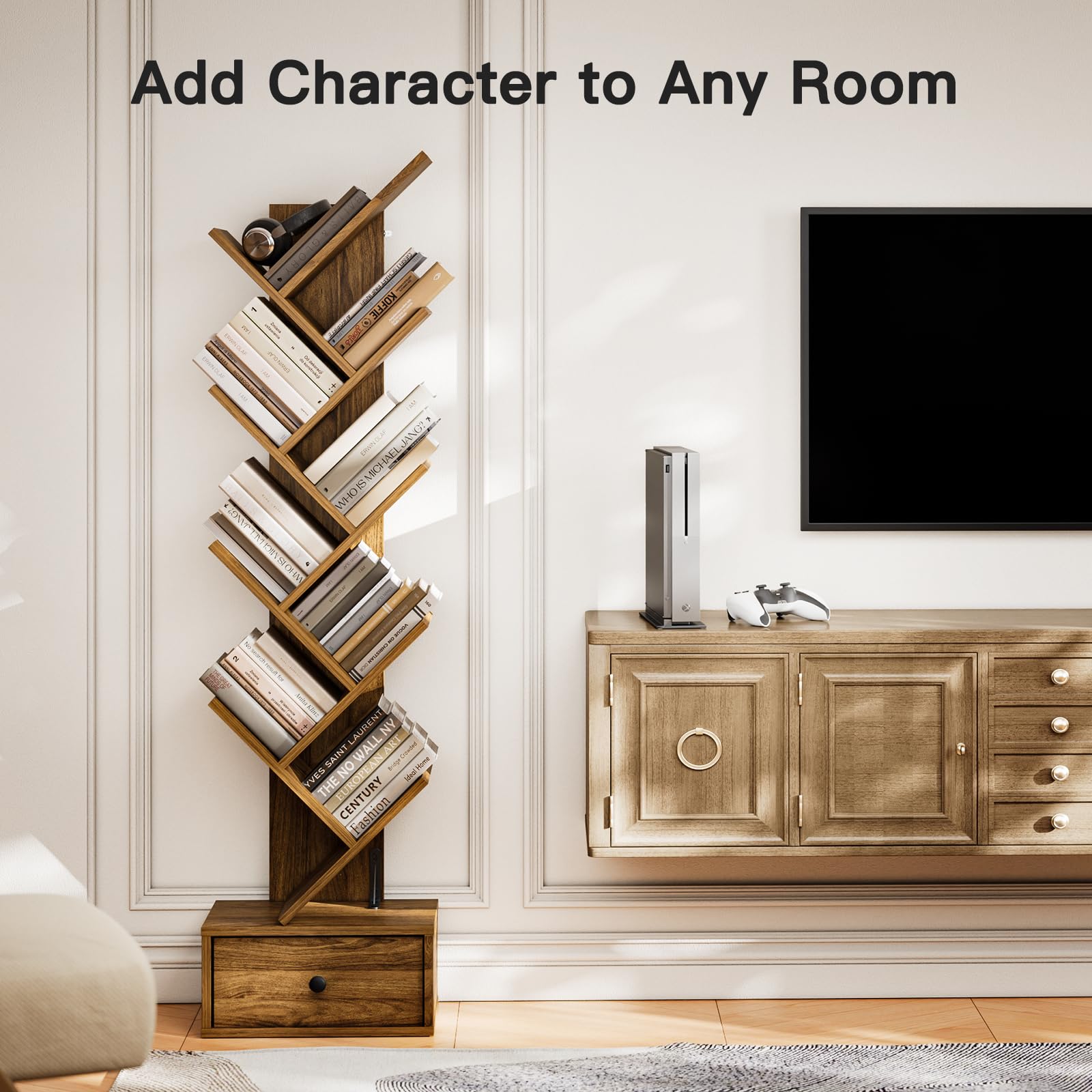 Pipishell Bookshelf with Drawer, 8-Tier Vertical Tree Bookshelf, Modern Bookcase, Modern Book Storage, Book Shelf Organizer for Living Room, Bedroom, Home Office, Rustic Brown, PIBS03WN